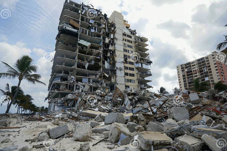 Collapsed Building with Debris on the Ground and Scattered Rubble Stock ...