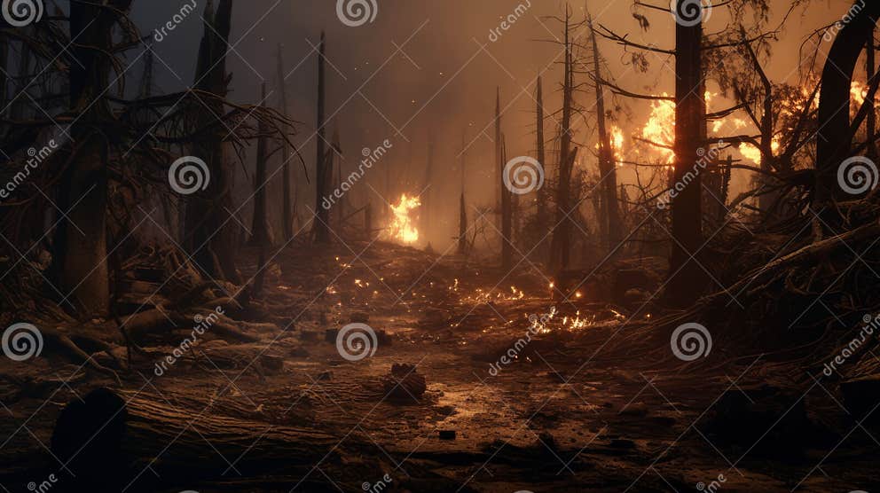 Devastation Unleashed: Charred Remnants of a Burnt Down Forest Stock ...