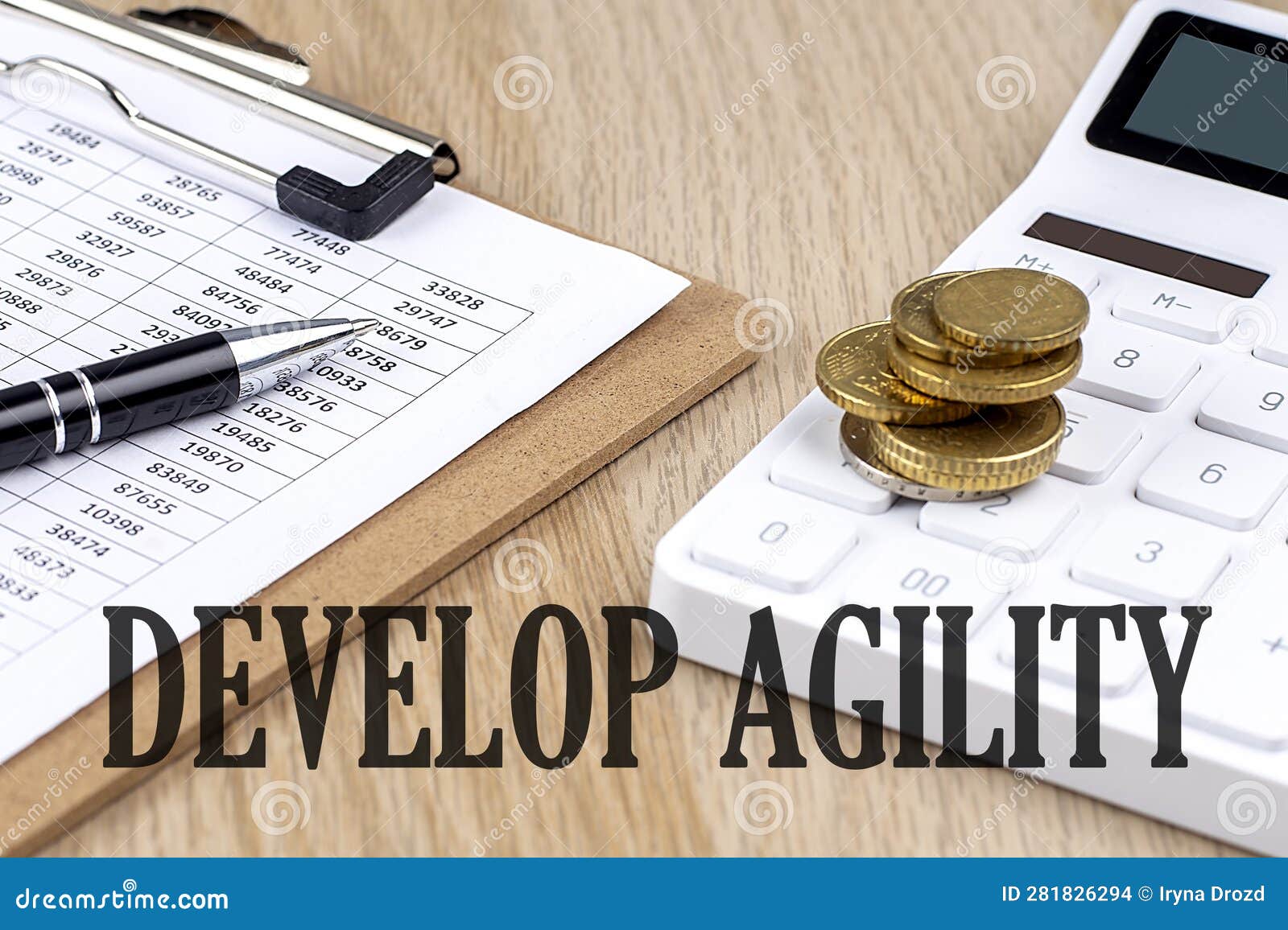 DEVELOP AGILITY Text with Chart and Calculator and Coins , Business ...