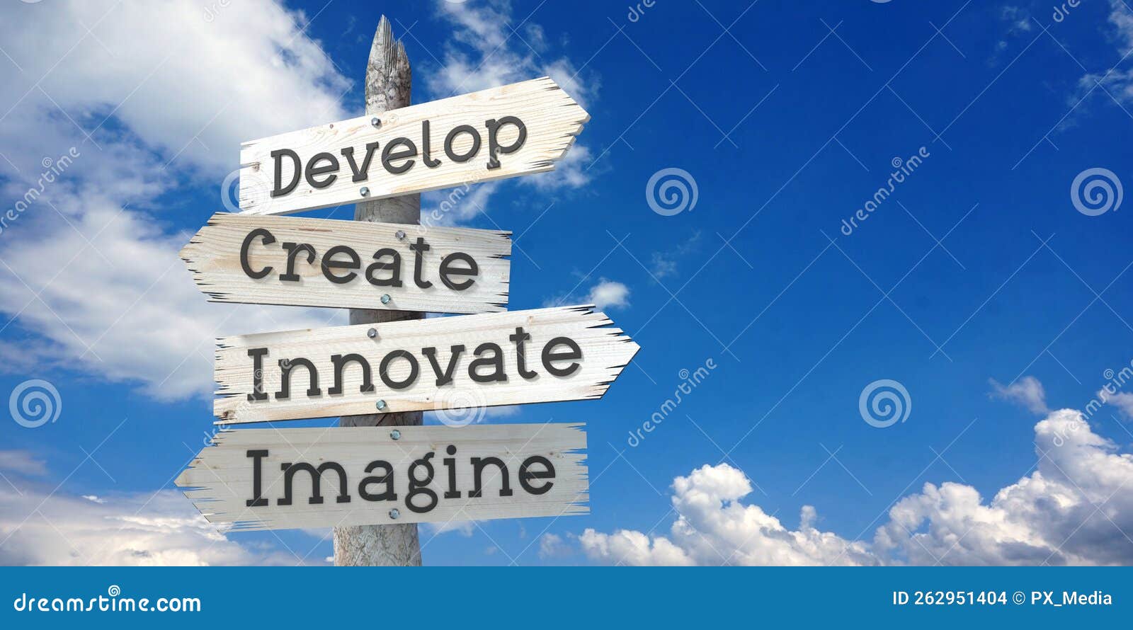 Develop, Create, Innovate, Imagine - Wooden Signpost with Four Arrows ... Develop, Create, Innovate, Imagine - Wooden Signpost with Four Arrows ...