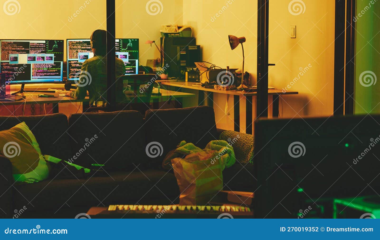 Developer, Back or Computer Screen in Neon Programming, Cybersecurity ...