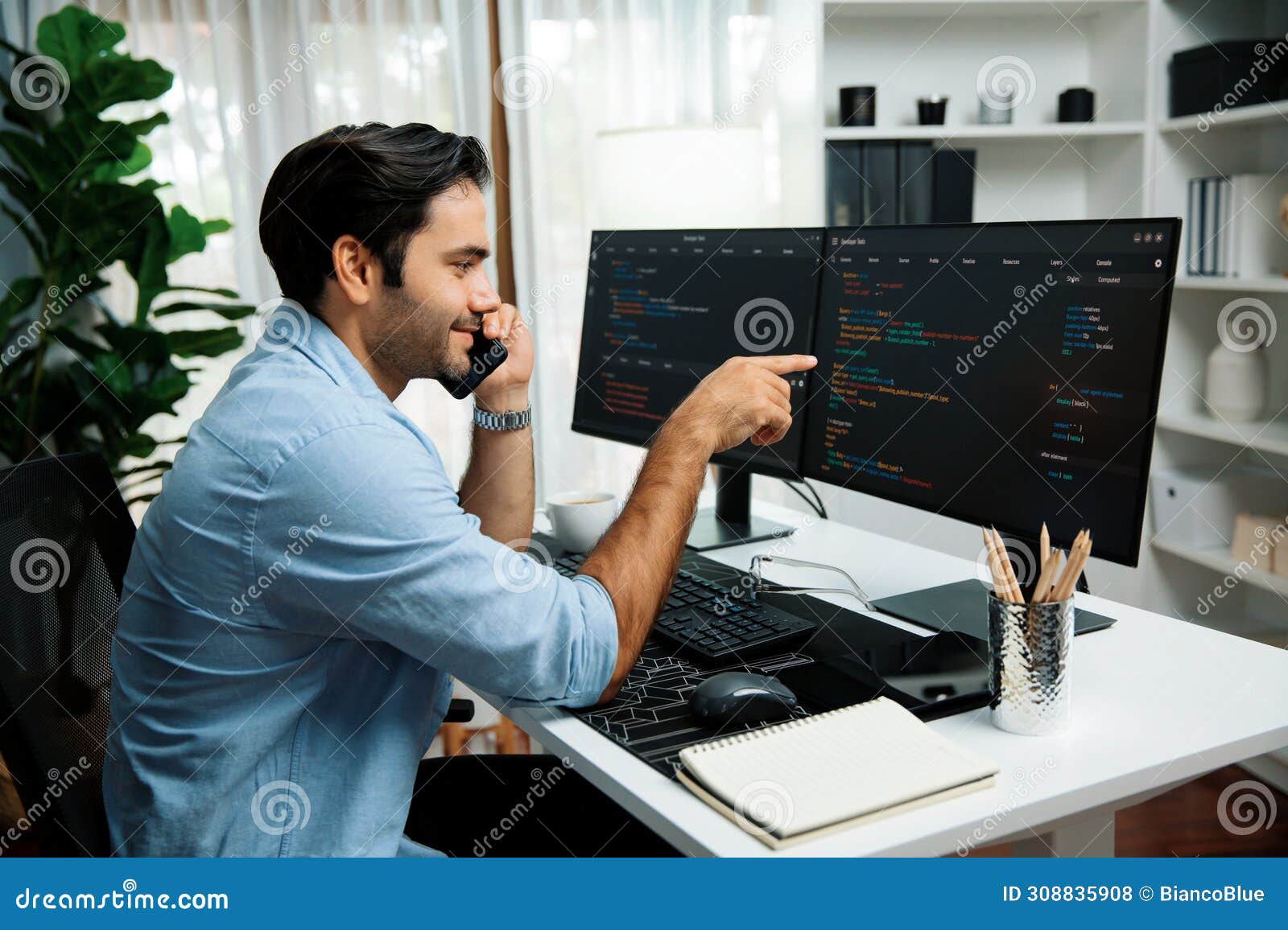 It Developer Calling To Coworker Solving Problem Coding System on Pc ...