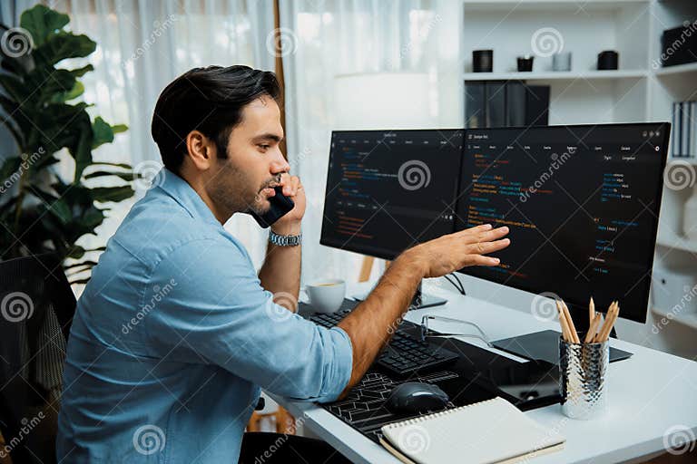 It Developer Calling To Coworker Solving Problem Coding System on Pc ...
