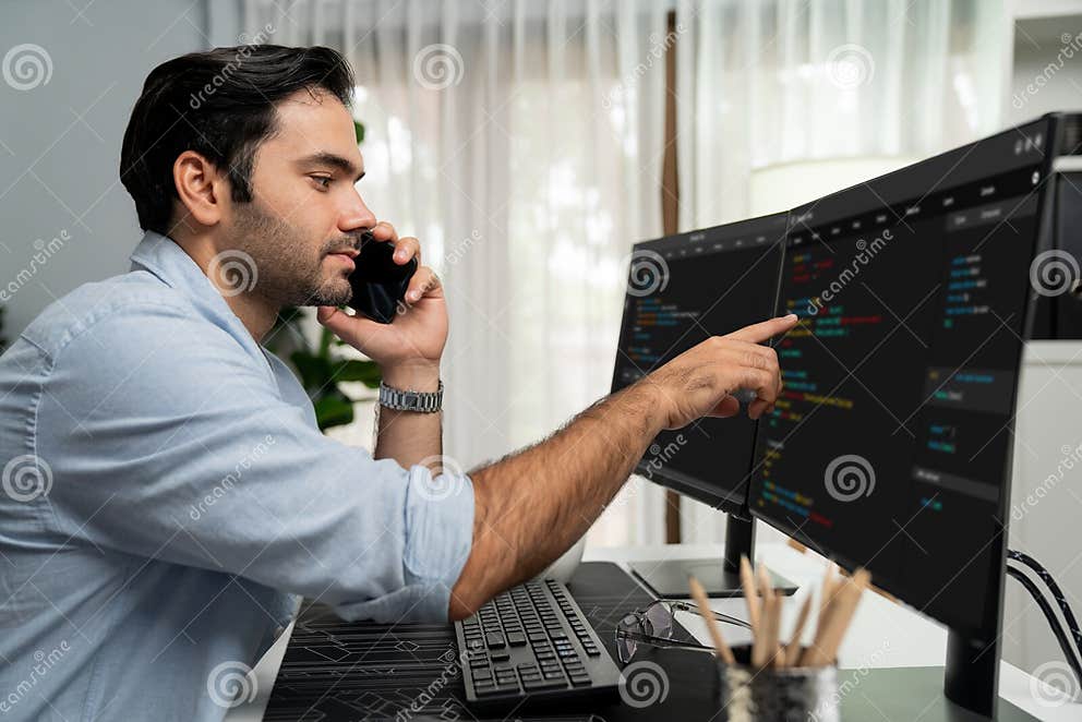 It Developer Calling To Coworker Solving Problem Coding System On Pc Surmise Stock Image
