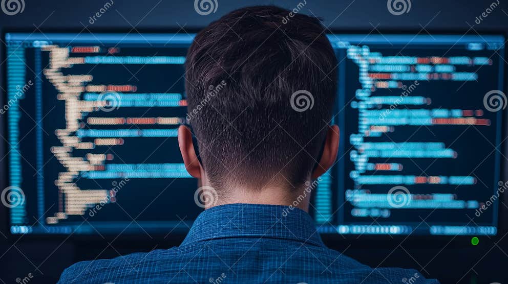 Developer Coding on Dual Monitors in Dark Room Stock Illustration ...