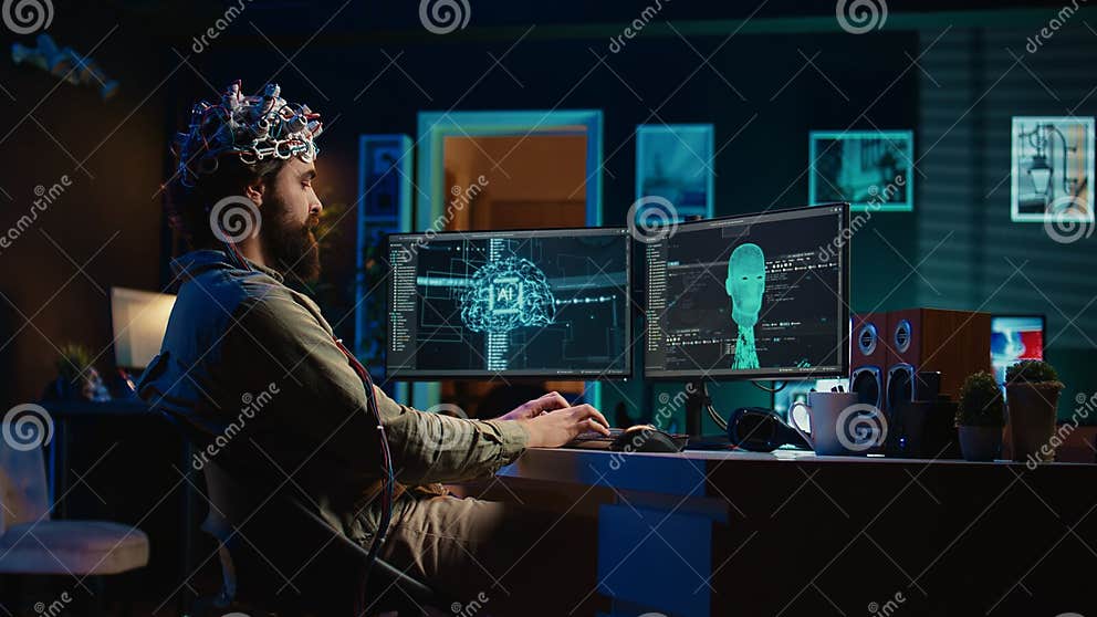 Developer with EEG Headset on Programming Brain Transfer into Virtual ...