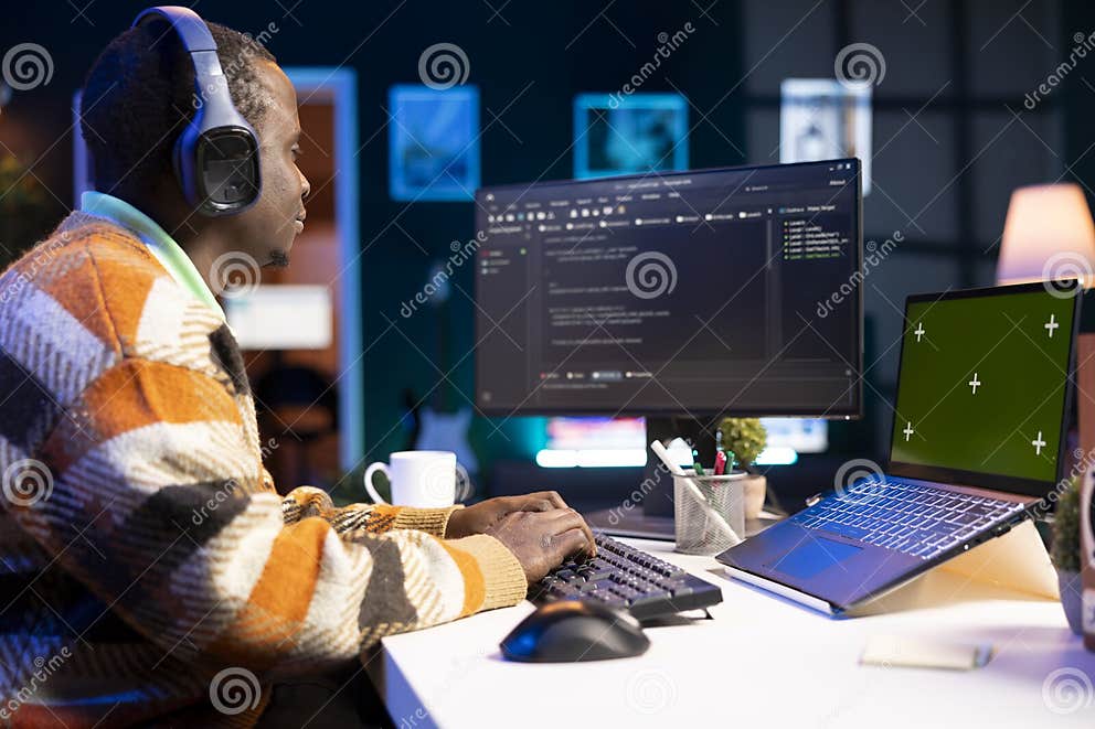 Developer Enters Binary Data on Terminal Panel Next To Isolated Mockup ...