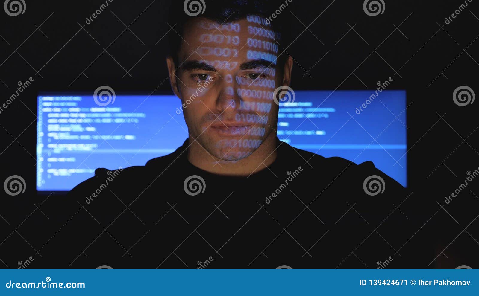 Developer Hacker Programmer Working On Computer In A Data Center While Blue Code Characters