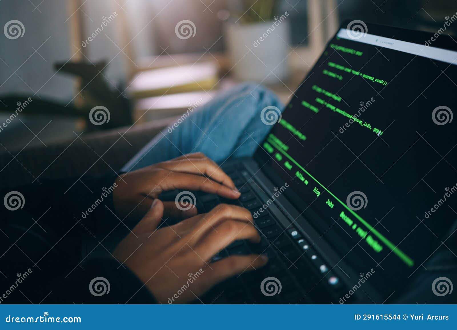 Developer Hands Code Overlay And Laptop Typing With Cybersecurity Hacker And Data Analysis