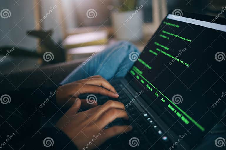 Developer Hands, Code Overlay and Laptop Typing with Cybersecurity, Hacker and Data Analysis ...
