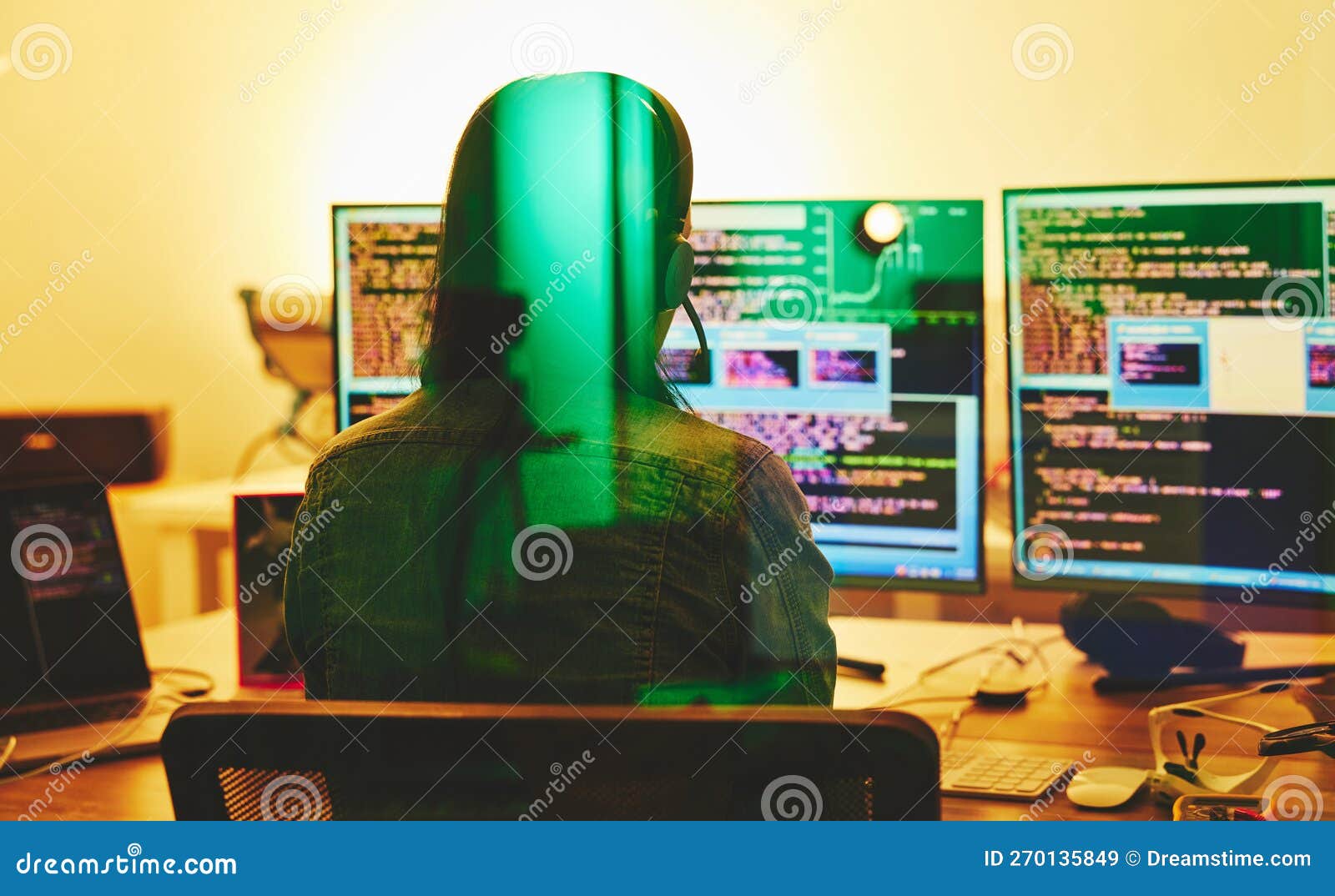 Developer Headset, Computer Screen or Neon Coding on Cybersecurity ...