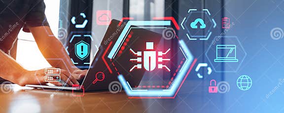 Developer with Laptop, Cybersecurity Bug Interface Stock Image - Image ...