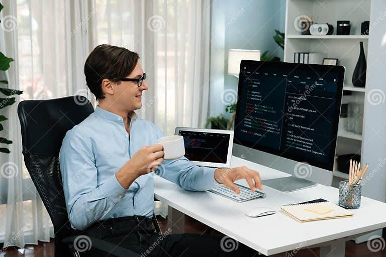 It Developer Looking Camera, Holding Coffee Cup with Coding on Pc. Pecuniary. Stock Image ...