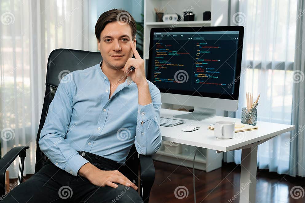 It Developer Looking Camera with Online Software Development. Pecuniary. Stock Image - Image of ...