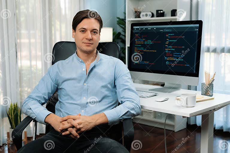 It Developer Looking Camera with Online Software Development. Pecuniary ...