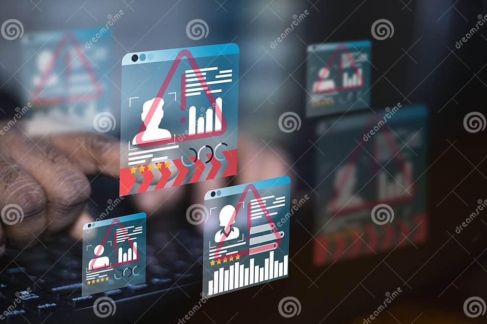 Developer Man Hand Using Laptop with Triangle Caution Malware Warning ...