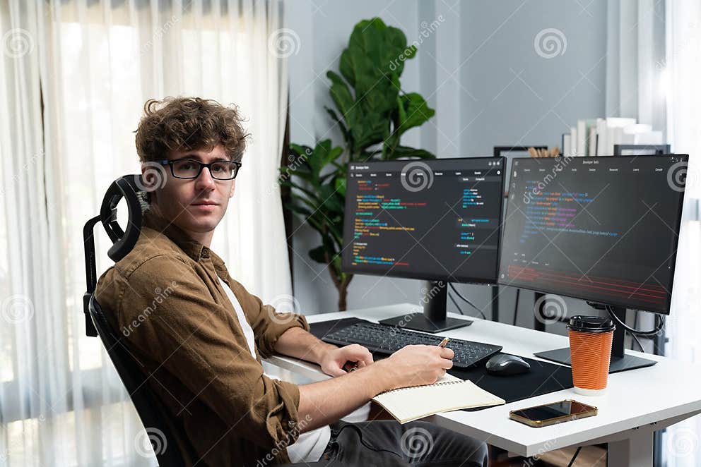 It Developer in Online Software Information Looking at Camera. Gusher ...