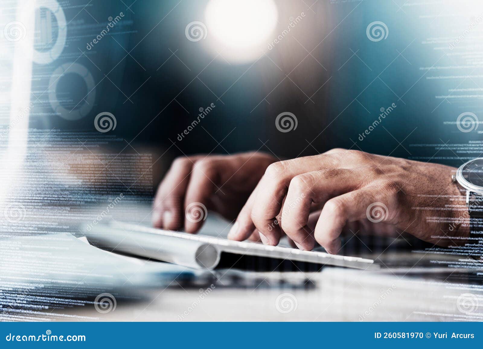 Developer Overlay And Hands Typing On A Keyboard For Digital Transformation Cloud Computing