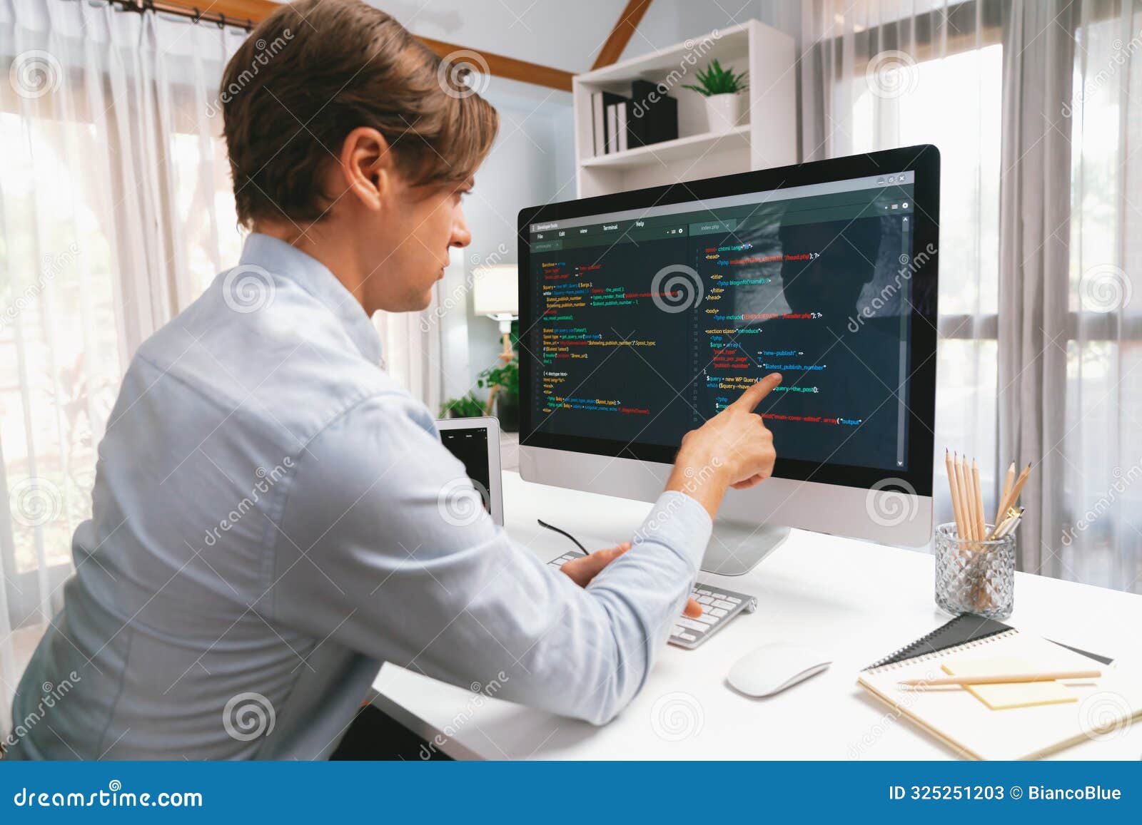 It Developer Pointing on Coding Software on Pc Comparing Laptop. Pecuniary. Stock Image - Image ...