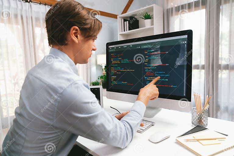 It Developer Pointing on Coding Software on Pc Comparing Laptop. Pecuniary. Stock Image - Image ...