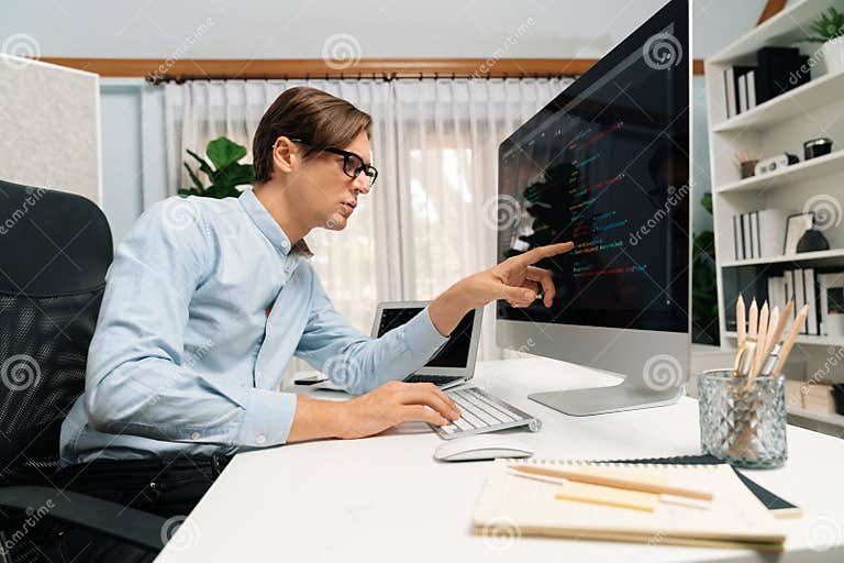 It Developer Pointing on Coding Software on Pc Comparing Laptop. Pecuniary. Stock Image - Image ...