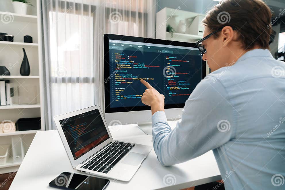 It Developer Pointing on Coding Software on Pc Comparing Laptop. Pecuniary. Stock Image - Image ...