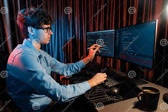 It Developer Pointing Online Software Information Coding on Pc Screen. Gusher. Stock Image ...