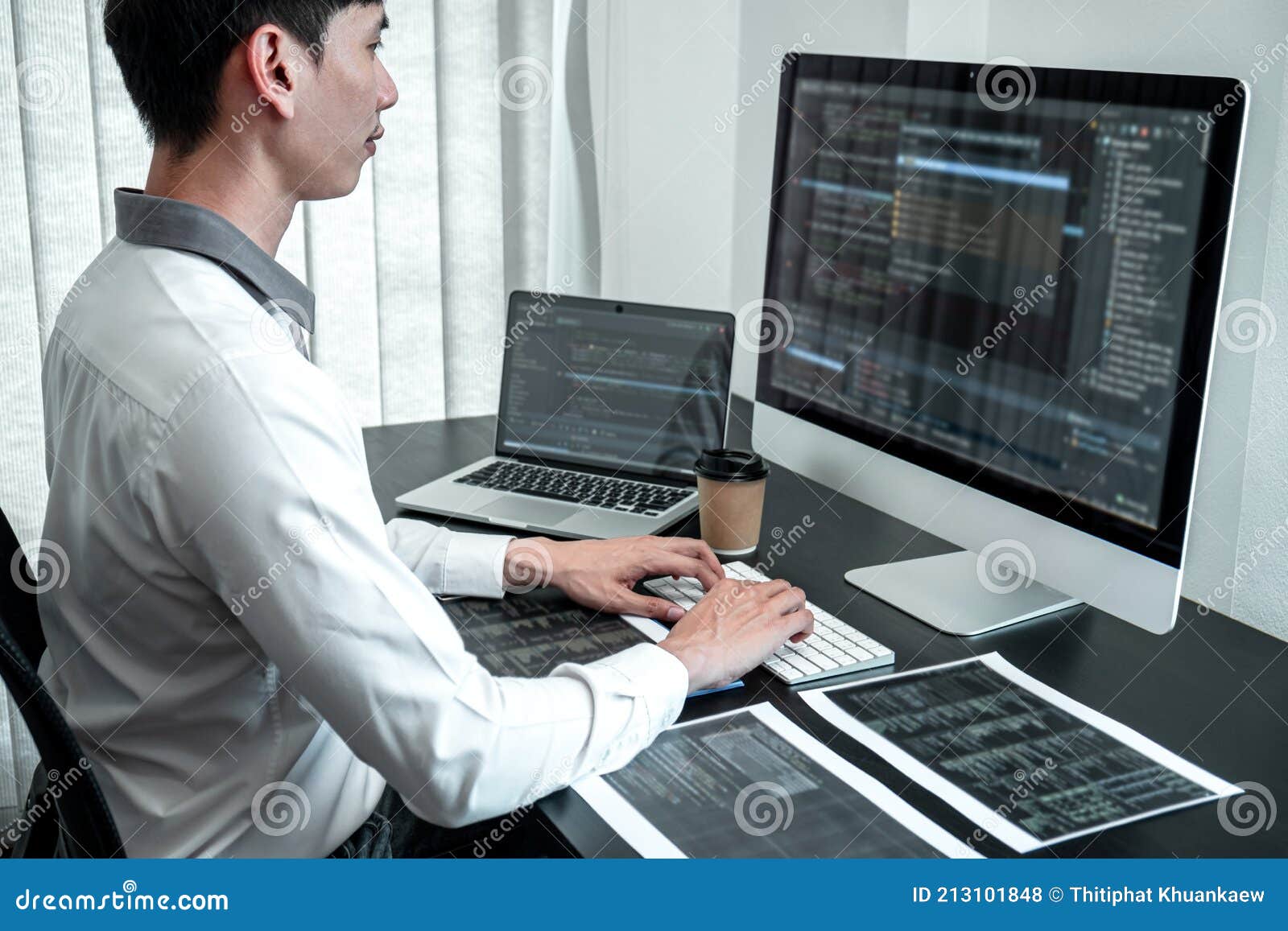Developer Programmer Working on Coding Program Software Computer in Office, Writing Website and ...