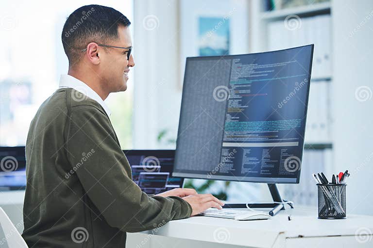 Developer, Programming and a Man at Computer for Coding, Software Script or Cyber Security in ...