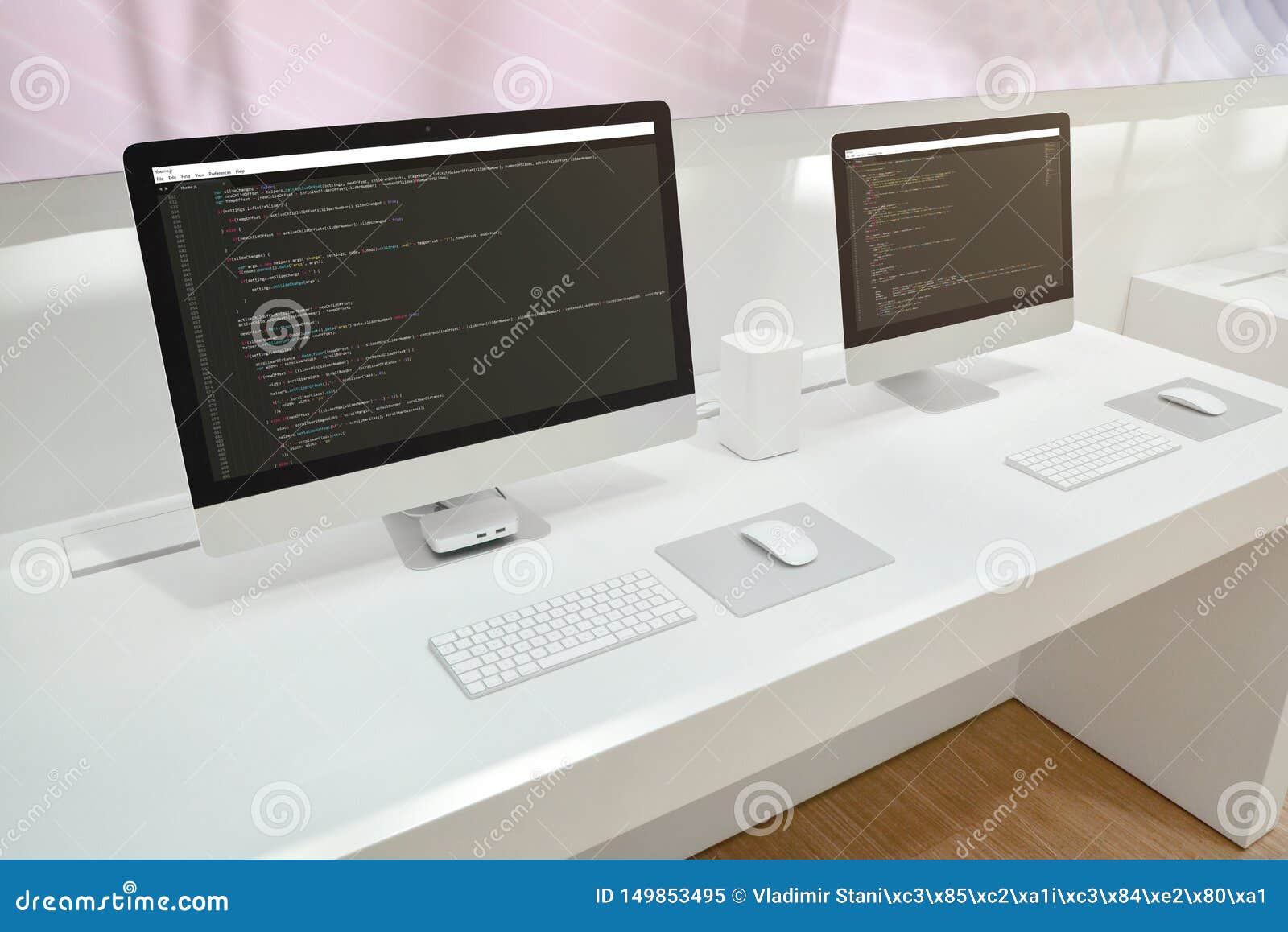 Developer`s Office. Two Computer Displays with Code Editors Stock Image ...
