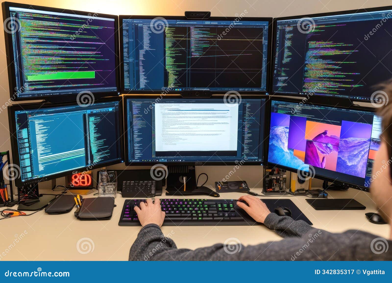 Developer S Workspace: Multi-screen Computer Setup for Software Programming and Coding Stock ...