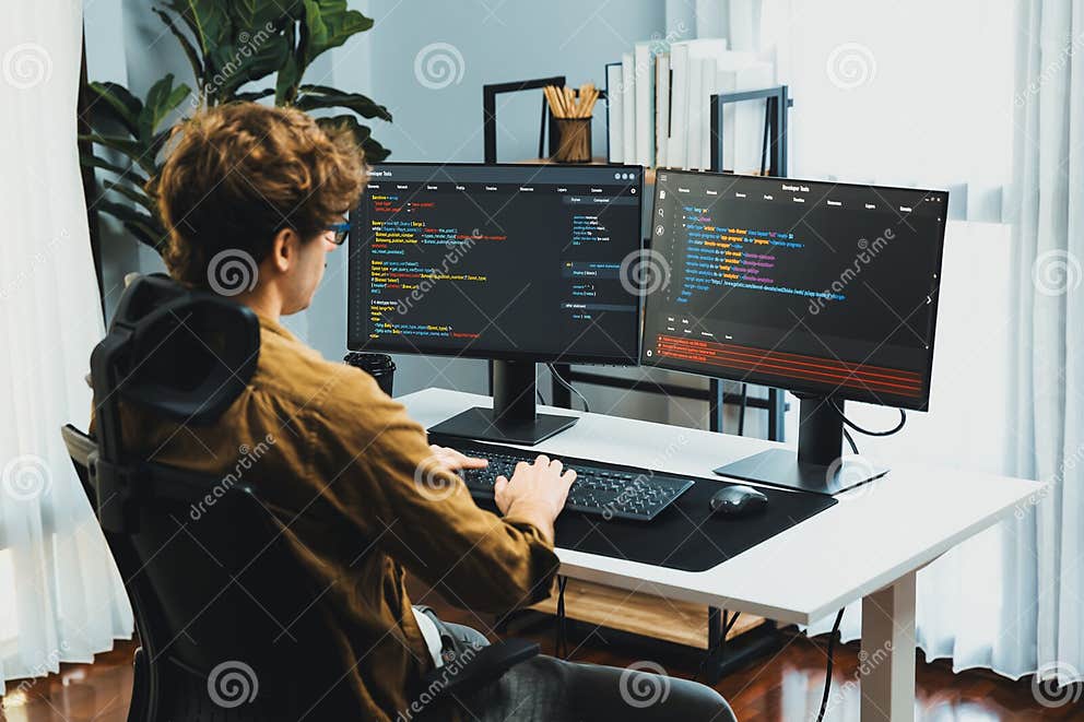 It Developer with Stressful Overworked in Creating Online Software Code. Gusher. Stock Image ...