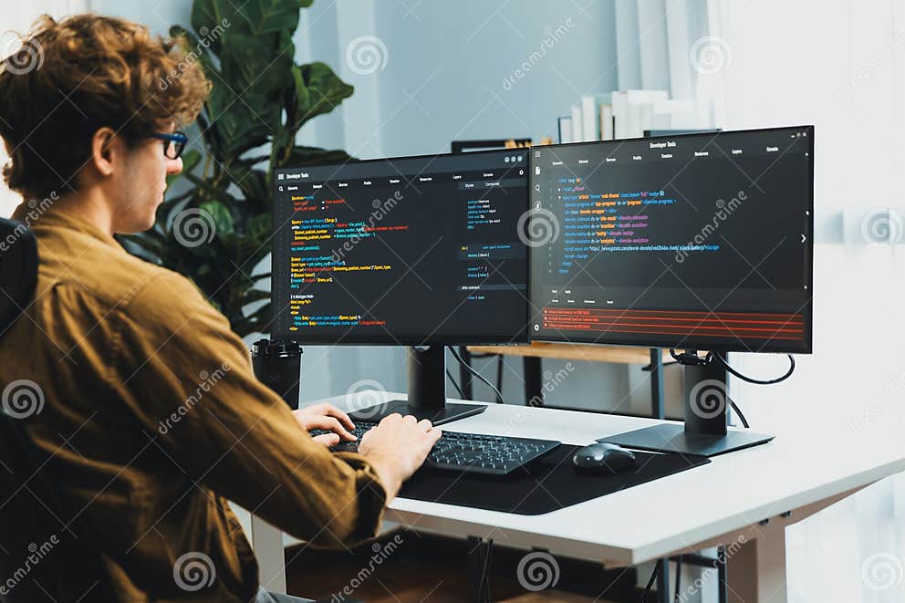 It Developer with Stressful Overworked in Creating Online Software Code. Gusher. Stock Image ...