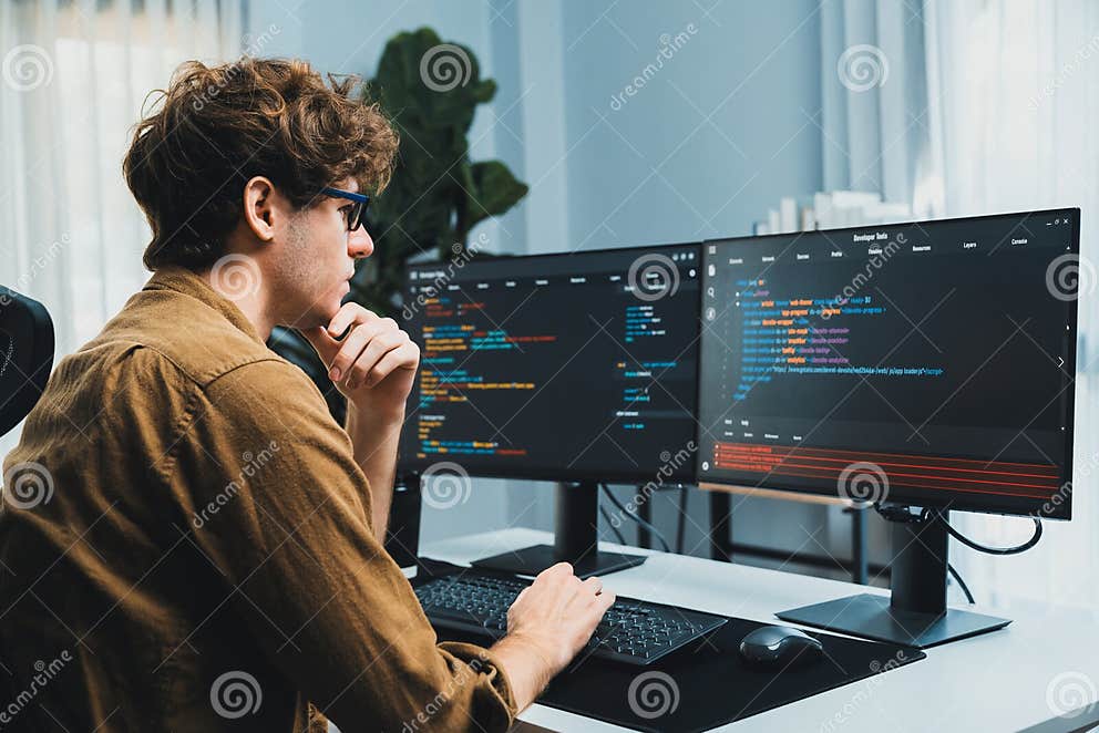 It Developer with Stressful Overworked in Creating Online Software Code. Gusher. Stock Image ...
