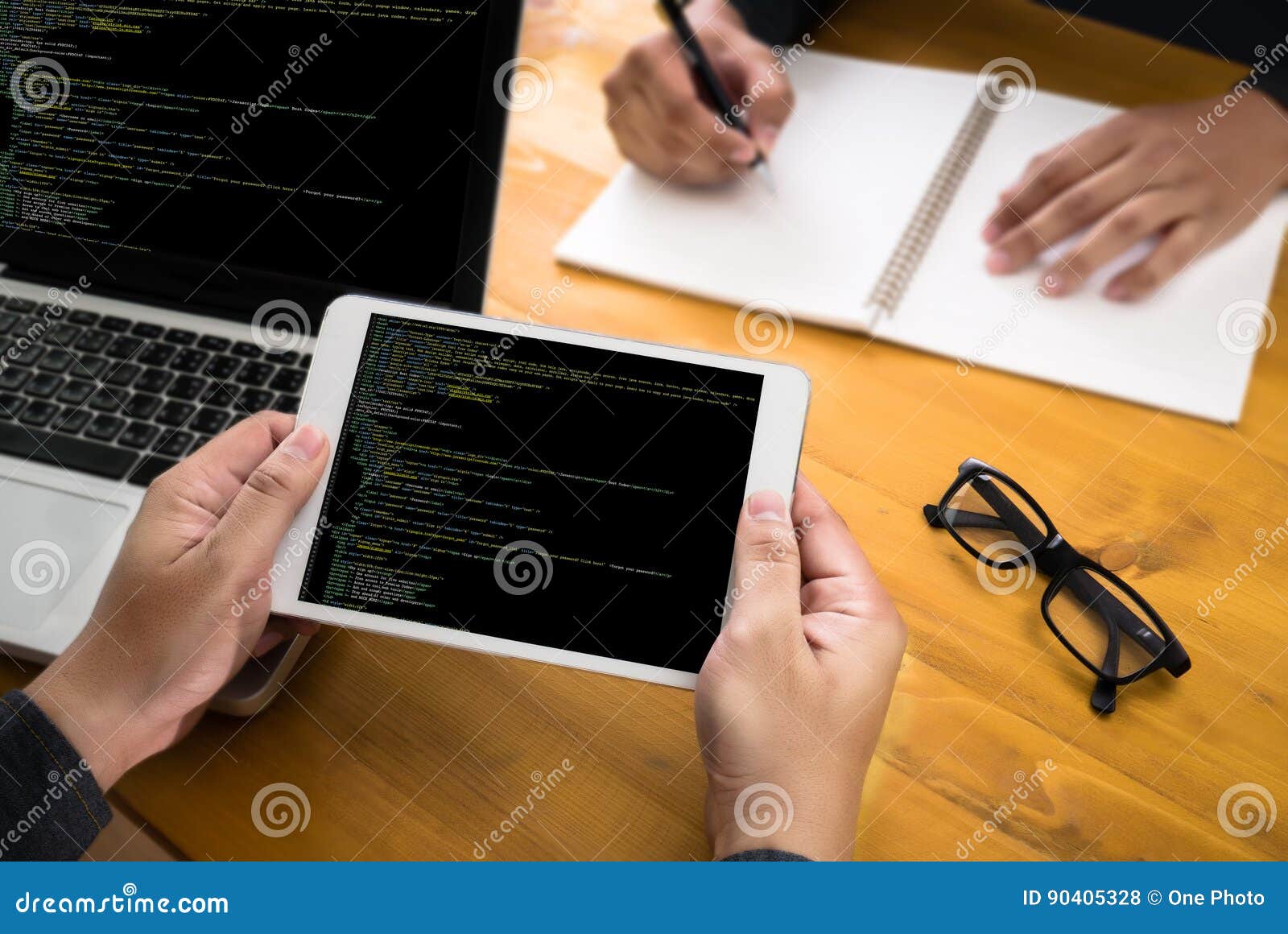 Developer Team Working Laptop Computer Mobile Application Softw Stock Photo - Image of monitor ...