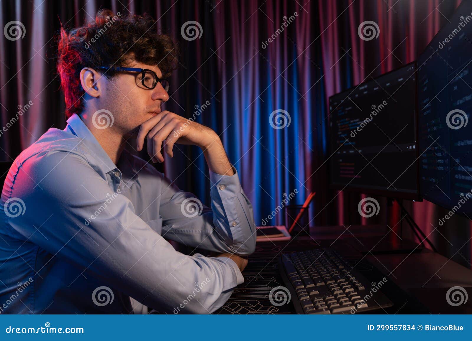 It Developer Thinking Online Software Information Coding On Pc Screen