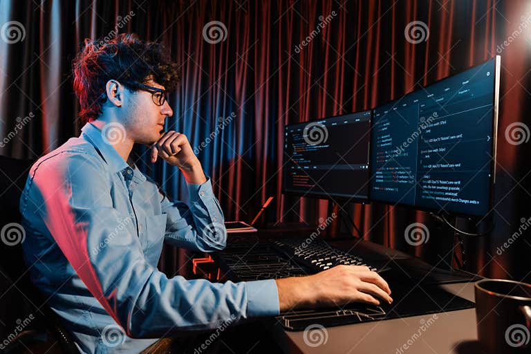 It Developer Thinking Online Software Information Coding On Pc Screen
