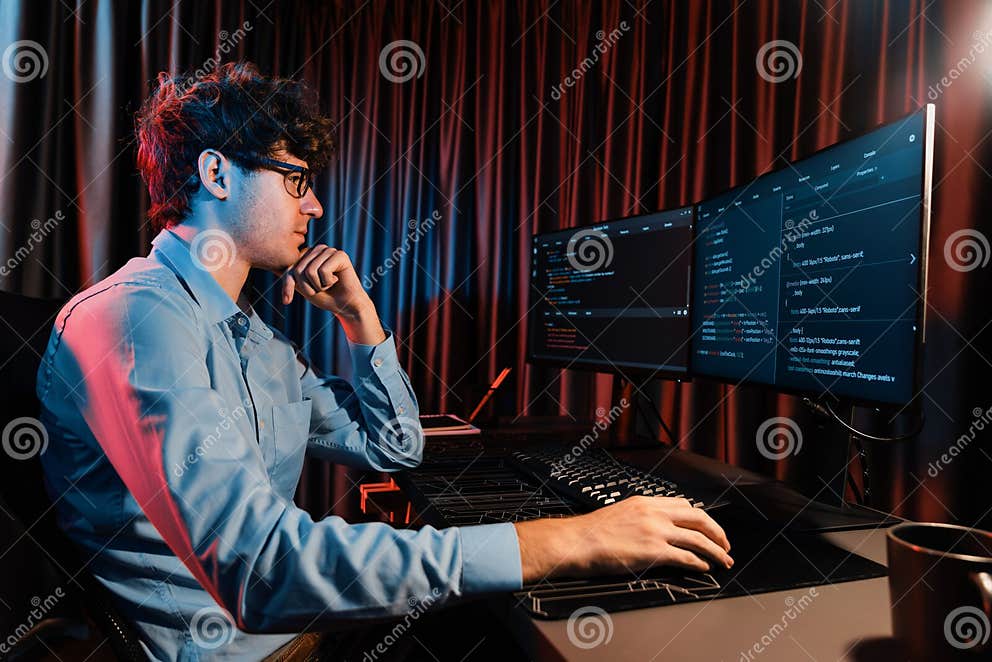 It Developer Thinking Online Software Information Coding On Pc Screen Gusher Stock Image