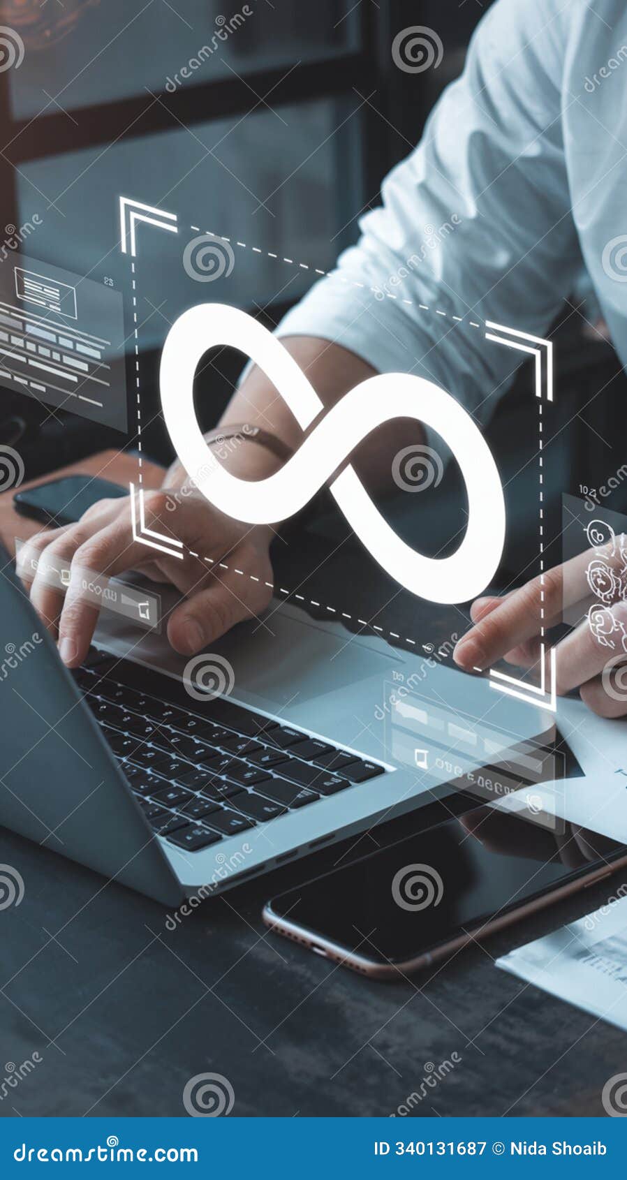 Developer Types on Laptop, Infinity Symbol Glows, Enhancing Tech ...