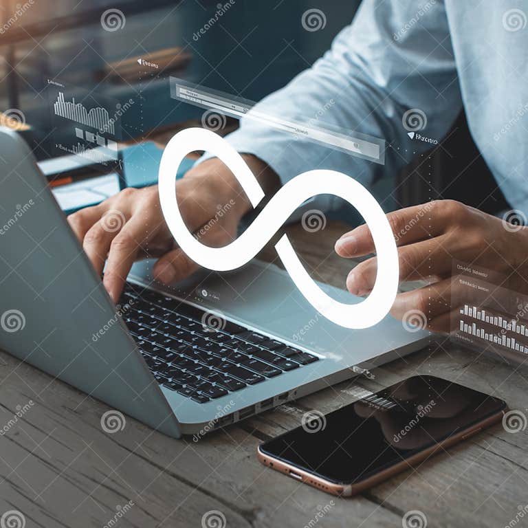 Developer Typing, Glowing Infinity Symbol, Surrounded by Digital Graphics, Enhancing Tech Vibe ...
