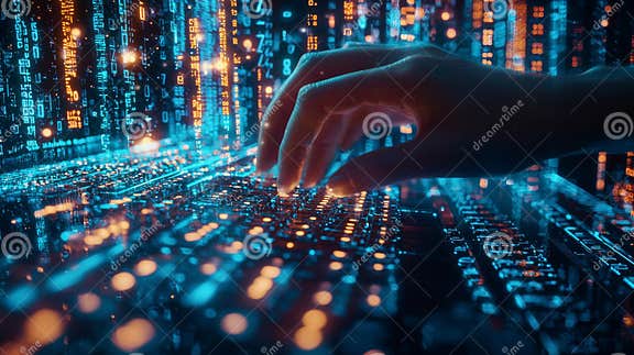 Developer Typing On A Keyboard With Code And Data Visualization At