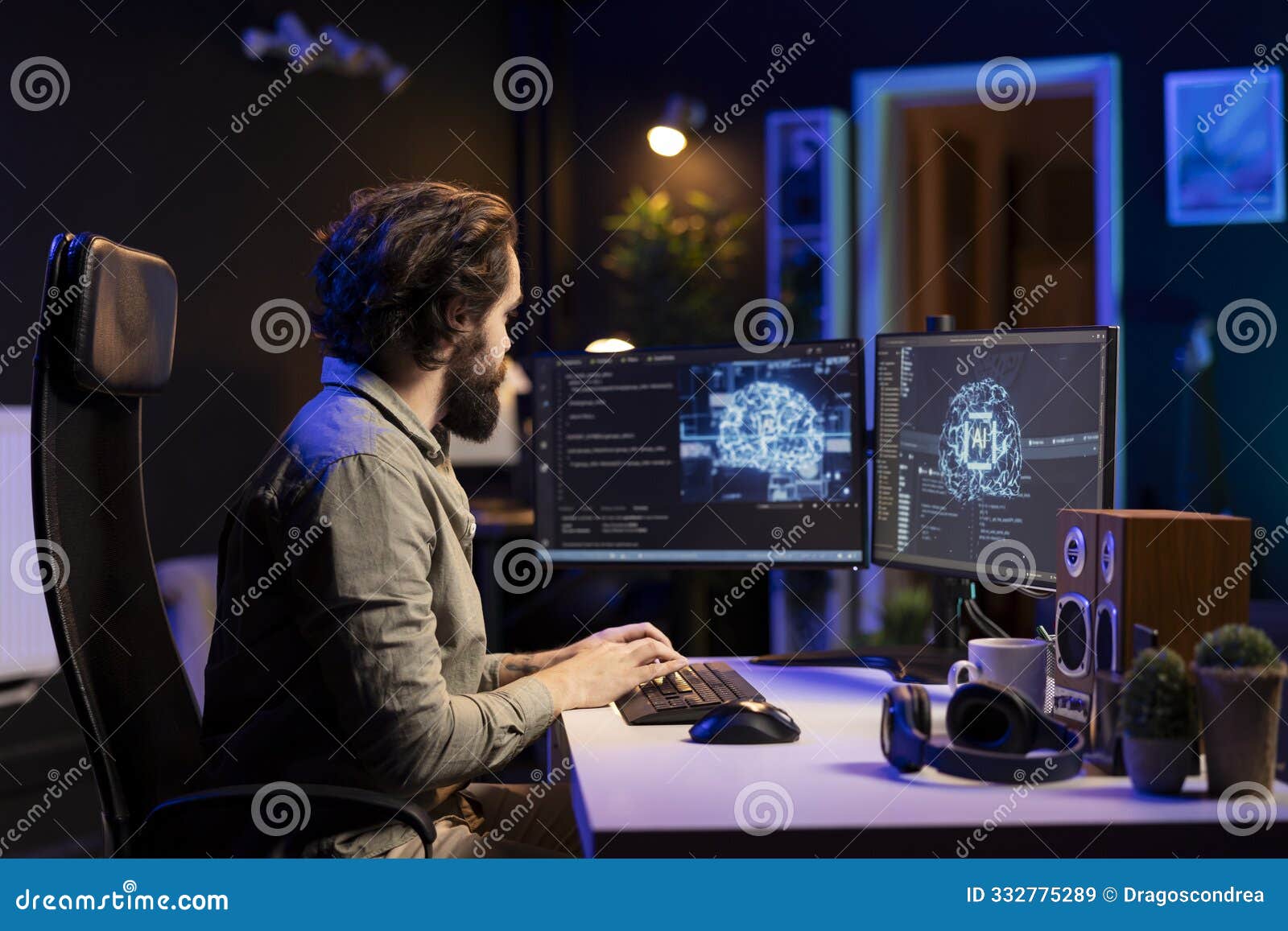 Developer Using Computer To Update Ai Machine Learning Algorithm Stock Image Image Of