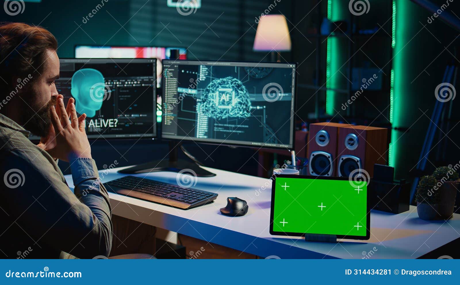 Developer Using Green Screen Tablet Updating Artificial Intelligence Stock Image - Image of ...