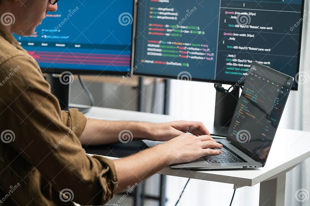 It Developer Working Online Software Development Coding on Pc Screens ...