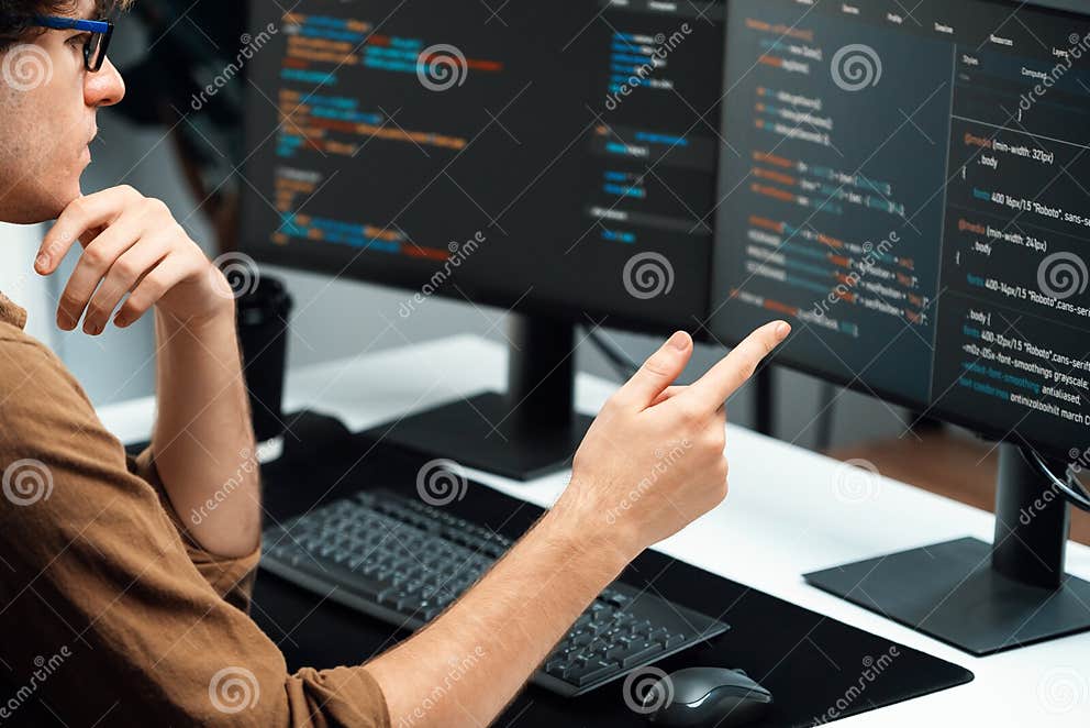 It Developer Working Online Software Development Coding on Pc Screens. Gusher. Stock Image ...