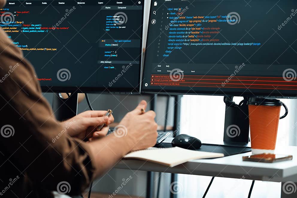 It Developer Working Online Software Development Coding on Pc Screens. Gusher. Stock Image ...