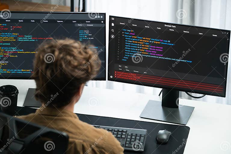 It Developer Working Online Software Development Coding on Pc Screens ...