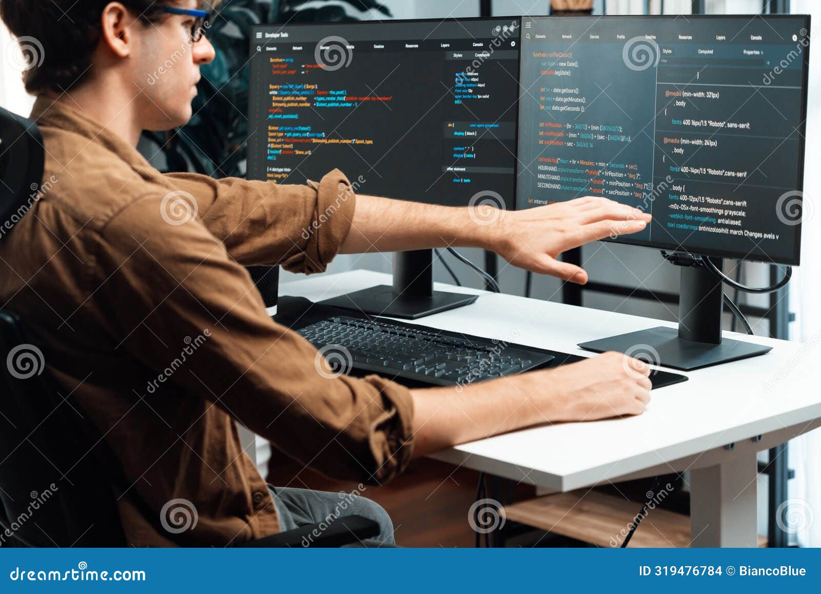 It Developer Working Online Software Development Coding on Pc Screens. Gusher. Stock Photo ...
