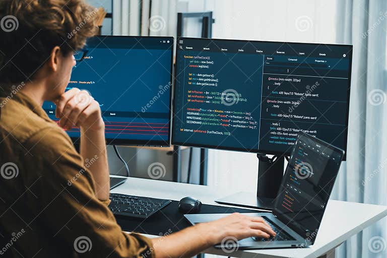 It Developer Working Online Software Development Coding on Pc Screens ...