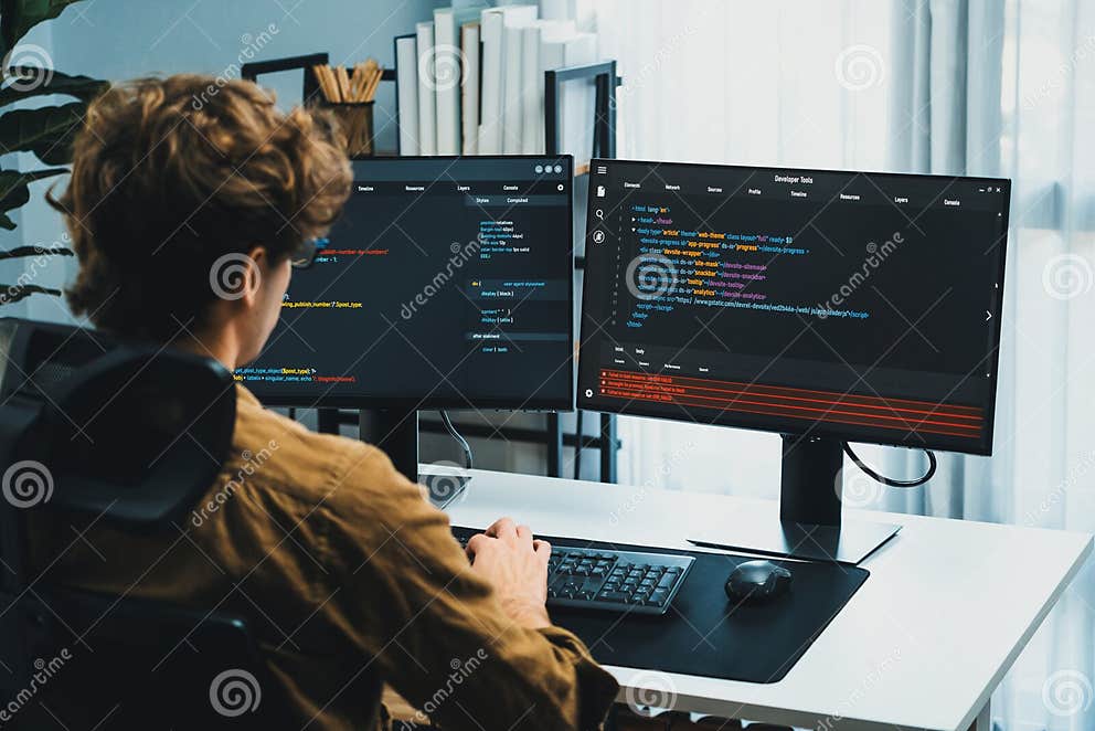 It Developer Working Online Software Development Coding on Pc Screens. Gusher. Stock Photo ...